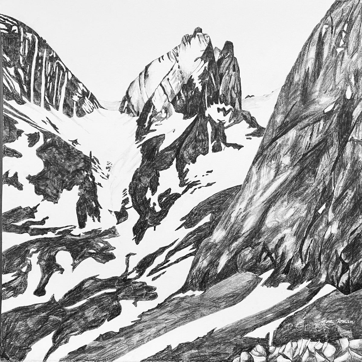 Graphite drawing of mountains on hot pressed Arches paper, 14" x 14" n ...
